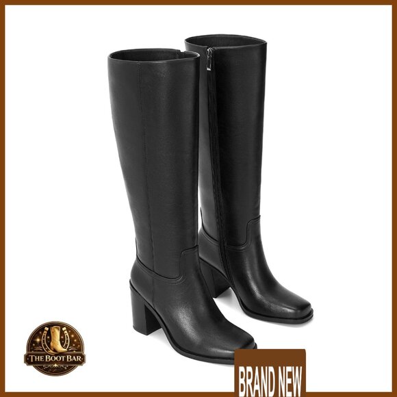 Shoes | Wide Calf Knee High Boots Faux Leather Block Heel Square Toe ...